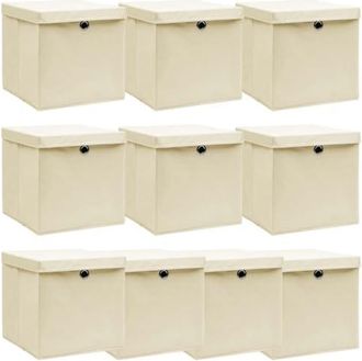 vidaXL 10x Bo&icirc;tes de Rangement &agrave; Couvercles Pliable Organisateur Bac de Stockage Coffre de Rangement Foulards Chaussettes Sous-v&ecirc;tements Cr&egrave;me Tissu