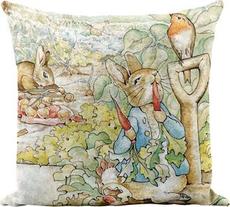 Fabulous Kissenhülle, Kunstleder, Weiß, Motiv: Petter Rabbit, Stein, Kaninchen, Garten, Kinder-Illustration, Beatrice Potter, 40 x 40 cm, Leder-Haptik