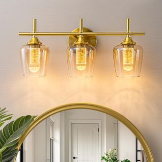 Wilon Wandlampe Innen Vintage, 3 Flammig Wandleuchten Aussen mit Bubbles Acryl Klar, LED Spiegelleuchte Bad mit Gradient Amber Wine Glass Lampshade, Wandbel