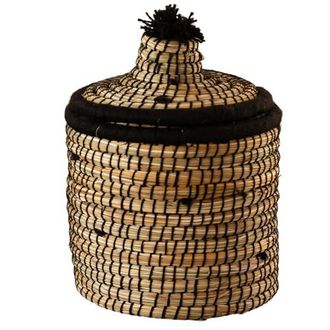 HOME MAISON Homemaison - Panier avec Couvercle Laine - Rotin Naturel - Finitions en Laine Unies - Accessoire D&eacute;co Compact - Rangement Pratique - &Oslash; 20 cm - 20 x 25