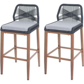 Hhg Neuwertig] 2er-Set Rope-Barhocker HHG 982, Outdoor Sitzpolster Seilgeflecht Metall Holz-Optik anthrazit, Kissen hellgrau
