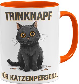 OM3 witzige Kaffee-Tasse mit Spruch - Trinknapf f&uuml;r Katzenpersonal - Katzenliebhaber Katze I - Keramik Becher - 325ml - Beidseitig Bedruckt - Orange