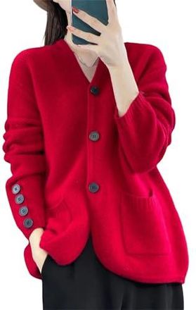 Generic Cardigan classique 100 % laine &agrave; col rond et manches longues pour femme, Rouge, Taille Unique