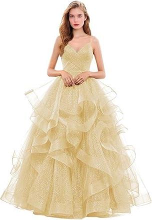 Generic Robe de bal en tulle pailleté avec col en V et bretelles spaghetti, robe de demoiselle dhonneur, robe de soirée formelle longue à étages, champagne, 5