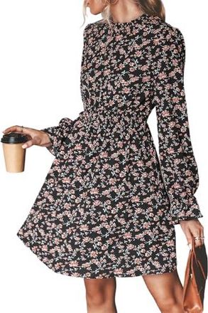 Cupshe Mini robe dautomne florale à col montant, manches longues à volants, taille élastique, smockée, robes dautomne décontractées et fluides pour femme, no