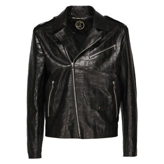 Giuliano Galiano Homme, Vestes, Noir, Taille: 2XL Manteau en cuir noir avec impression de noix de coco