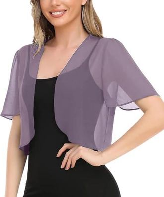 ORANDESIGNE Boléro Femme Été Mousseline Gilet Chic Cardigan Manches Plissées Boléro Court Tops Respirant Chic Outwear Vest Élégant D Violet XL