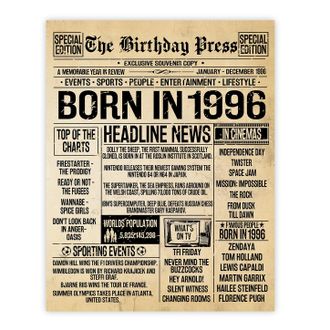 Stuff4 Poster zum 29. Geburtstag, ungerahmt - Born in 1996 Vintage Zeitung - Happy 29th Birthday Gifts for Women Men Retro Back in 1996, 20,3 x 25,4 cm, Twen
