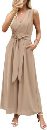 Cupshe Damen Jumpsuit Tiefer V-Ausschnitt &Auml;rmellos Overall Gesmokte Taille Weite Bein Sommer Elegant Playsuit mit G&uuml;rtel