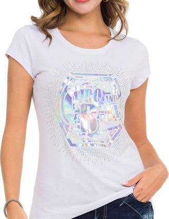 Cipo & Baxx Damen Freizeitshirt T-Shirt Print Kurzarm Rundhals WT342 Wei&szlig; XL