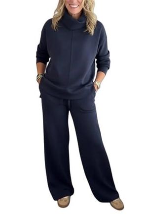 Generic Ensemble 2 pi&egrave;ces avec sweat-shirt et pantalon confortable pour femme, sweat &agrave; col montant, pantalon &agrave; jambes larges, ensemble de surv&ecirc;tement, bleu ma