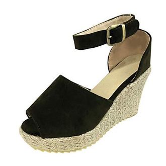 Minetom Femmes Mode Sandales Espadrille Corde Tréssé Lanière Cheville Sandale Talon Compensé Plateforme Boucle Tongs Été Cuir Suédé Chaussures Noir EU 34