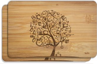 Wallario 2er Set Frühstücksbrettchen aus Holz, Holzunterlage, Holzbrettchen Kitchen Utensils - Baum aus Küchenutensilien in schwarz weiß, Größe 22 x 14 cm