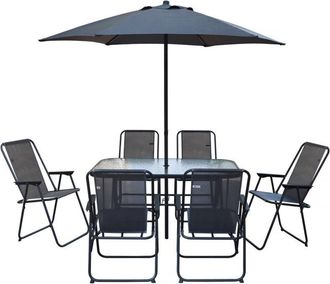 Habitat et Jardin Table et chaises de jardin avec parasol en m&eacute;tal Convivia - 6 places - Gris anthracite