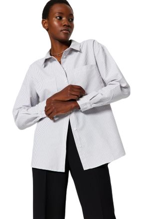 Trendyol Trendyol Womens Damen GESTREIFT Lange Ärmel Plus Size Hemd Shirt, Gray, 36 Grande Taille