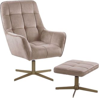 Beliani Beliani - Sessel mit Hocker Beige Samt Gesteppt Drehbar mit Goldenem Metallgestell Armlehnen Modern Wohnzimmer Fernsehsessel Drehsessel