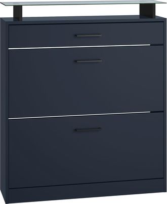 Vladon Schuhschrank Enigma, Schuhkipper für 16 Paar Schuhe mit 2 Klappen und 1 Schublade und Glasablage, Royal Blau (89 x 104 x 23 cm)