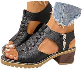 Generic Sandales &agrave; bout ouvert pour femme - &Agrave; talons mi-bas - Fermeture &eacute;clair - Sandales compens&eacute;es - Sandales de f&ecirc;te - Sandales d&eacute;contract&eacute;es &agrave; bout ouvert