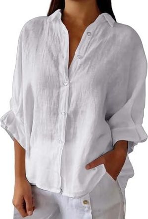 Generic Chemisiers habill&eacute;s en lin pour femme - Style d&eacute;contract&eacute; - En coton et lin - Boutons - Manches longues - Tunique ample - 2026 - V&ecirc;tements tendance, b
