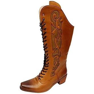 Generic Bottes de cowboy larges pour femme - Bout carré - Talon épais - Confortables - Brodées - Élégantes - Fermeture éclair latérale - Lacets - Bottes dexté