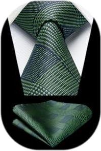 Hisdern Cravate Homme Vert foncé Mariage Élégant Cravates et Pochette Plaid Classique Ensemble de Cravate Mouchoir daffaires Fête
