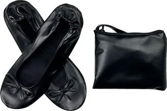 Minetom Damen M&auml;dchen Faltbare Ballerina Bequem Flache Ballerinas Casual Komfort Weich PU Leder Party Hochzeit Schuhe mit Tragetasche A Schwarz 36/37 EU