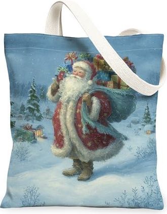 Generic Sacs fourre-tout en toile motif P&egrave;re No&euml;l, sacs &agrave; provisions r&eacute;utilisables, l&eacute;gers et lavables avec bandouli&egrave;re en toile, bleu, 13x15 Inch