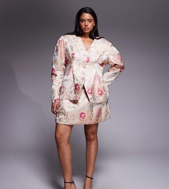 Asos Curve - Jacquard-Minirock in Wei&szlig; mit Blumenmuster, Kombiteil-Bunt