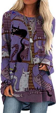 ORANDESIGNE Femme Dessin Animé Chat Imprime Manches Longues Chemisier Décontracté Ample Coton Longues Imprimé Col Rond T-Shirt C Violet M