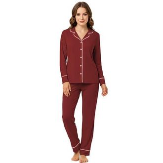 Janisramone Ensemble de pyjama 2 pièces pour femme, ensemble complet à manches longues, haut de Noël uni avec bas à taille réglable, vêtements de nuit confortable