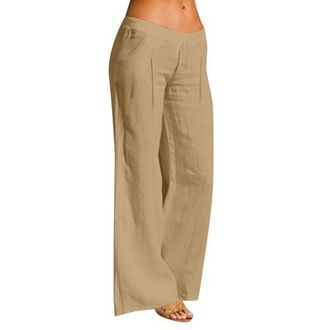 Generic Pantalon en lin pour femme - Pantalon long d&eacute;contract&eacute; - Jambe droite - Pantalon en lin - Pantalon Palazzo - Taille &eacute;lastique - D&eacute;contract&eacute; - Couleur 