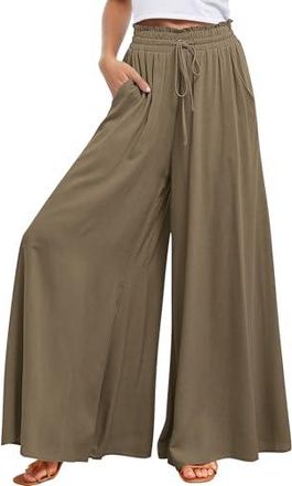 Feoya Pantalon ample pour femme - Taille haute - Pantalon Palazzo avec poches - Style d&eacute;contract&eacute; - &Eacute;t&eacute; &eacute;l&eacute;gant - Pantalon de d&eacute;tente, Styleb Lin Vert, L