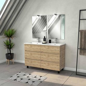 Aurlane Meuble salle de bains 120cm 6 tiroirs chêne naturel + vasque blanche + miroirs avec appliques led