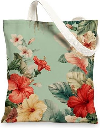 Generic Sac fourre-tout en toile florale, sacs à provisions réutilisables vintage, sacs légers à bandoulière verte, Vert, 13x15 Inch