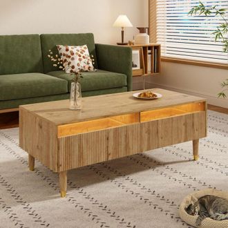 Urban Meuble Table basse moderne effet bois fa&ccedil;ade ondul&eacute;e &eacute;clairage LED 2 tiroirs PEAKGLADE