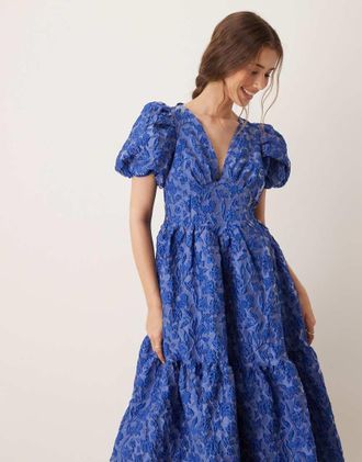 Sister Jane Sister Jane - Jacquard-Midaxikleid in Kobaltblau mit Puff&auml;rmeln