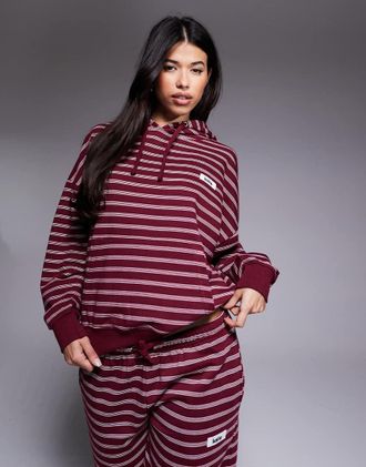 KAIIA Sweat &agrave; capuche densemble oversize en coton m&eacute;lang&eacute; avec patch logo - Rayures bordeaux et cr&egrave;me-Multicolore