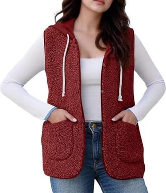 Generic Vestes pour femmes 2026 - Style de faux gilet pour veste &agrave; capuche polyvalente et automne hiver, Rouge, XXL