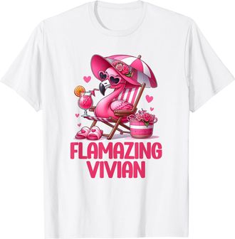 BDAZ Flamazing Vivian Pink Flamingo Tropical Beach Trip Damen T-Shirt