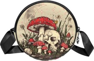 Generic Petit sac &agrave; bandouli&egrave;re circulaire pour femme, motif cr&acirc;nes, fleurs, petit sac &agrave; bandouli&egrave;re avec fermeture &eacute;clair, bretelles r&eacute;glables, sac &agrave; main ro