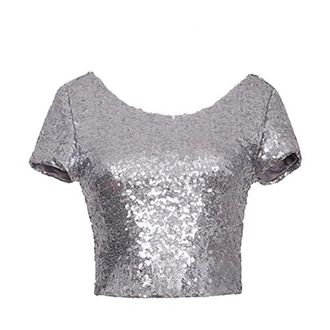 Generic Femmes scintillantes Femmes Tops Paillettes D&eacute;contract&eacute; Col Rond Crop Tops Couleur Unie T-shirts De Danse &agrave; Manches Courtes L&eacute;ger Pour Sortir Des T-sh