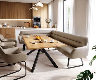 DELIFE Esszimmerbank Taya-Flex 285x190 cm Mikrofaser Beige Vintage Kufengestell flach Schwarz Taschenfederkern Rechts, Eckb&auml;nke