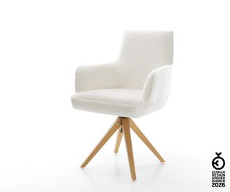 DELIFE Drehstuhl Heira-Flex mit Armlehnen Boucl&eacute; Soft Beige Holzgestell kantig Natur 180&deg; drehbar Taschenfederkern, Esszimmerst&uuml;hle