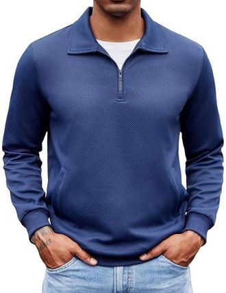 Coofandy Polo Homme Manches Longues en Polyester avec Poche Extensible Décontracté Pull à Fermeture Éclair Bleu Violet XL