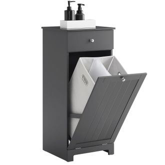 SoBuy Badezimmerschrank mit Wäschekorb - Wäscheschrank mit Schublade - Kompakter Badschrank für kleine Badezimmer - Badmöbel aus MDF mit ausklappbarem Wäsch