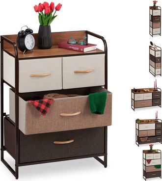 Relaxdays Schubladenschrank, 4 Stoff Fächer, Ablage, Schlafzimmer Nachtschrank, Minikommode HBT 79 x 58 x 31,5 cm, braun