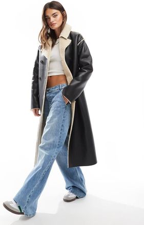 Brave Soul Langer Mantel in Schwarz mit Lammfellimitat