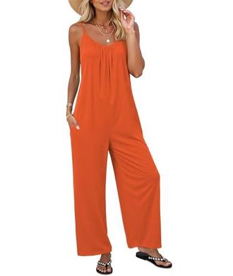 Generic Combinaison d&eacute;contract&eacute;e ample sans manches avec bretelles spaghetti style boh&egrave;me &agrave; jambes larges avec poches, v&ecirc;tements de vacances &agrave; la plage pour f