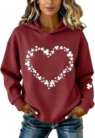 Generic HUIFUAO Sweat &agrave; capuche pour la Saint-Patrick pour femme - Imprim&eacute; tr&egrave;fle amusant - Motif coeur - Costume irlandais de la St Paddys - Vert - Chemises 