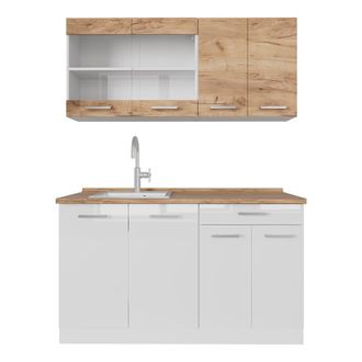 Vicco K&uuml;chenzeile R-Line, Goldkraft Eiche/Wei&szlig;, 140 cm zweifarbige Schr&auml;nke, AP Eiche